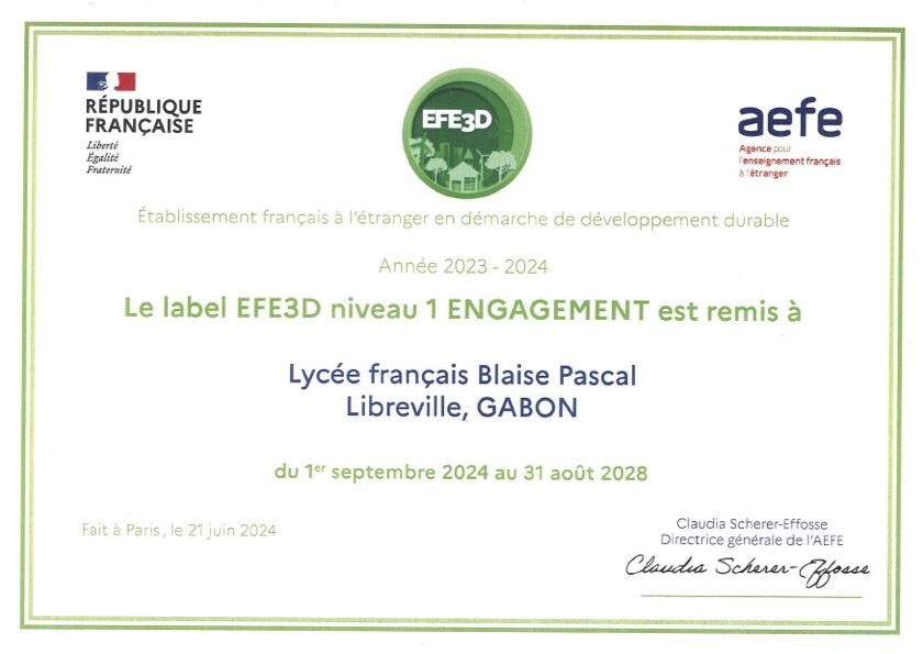 Obtention du label EFE3D niveau 1 – Lycée français Blaise Pascal de ...